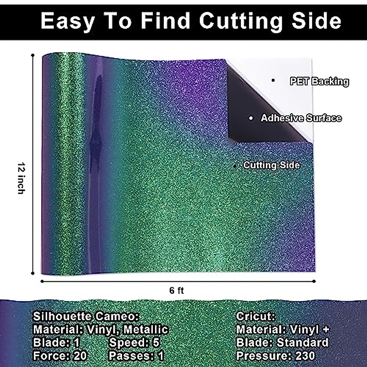 VINYL FROG Chameleon Adhesive Vinyl Roll 12" x6ft Gradient Craft Vinyl for cricut, Change Color Vinyl Sticker for Crafts Vinyl Cutter, for Cup Decor, Home Decor(Purple to Green)