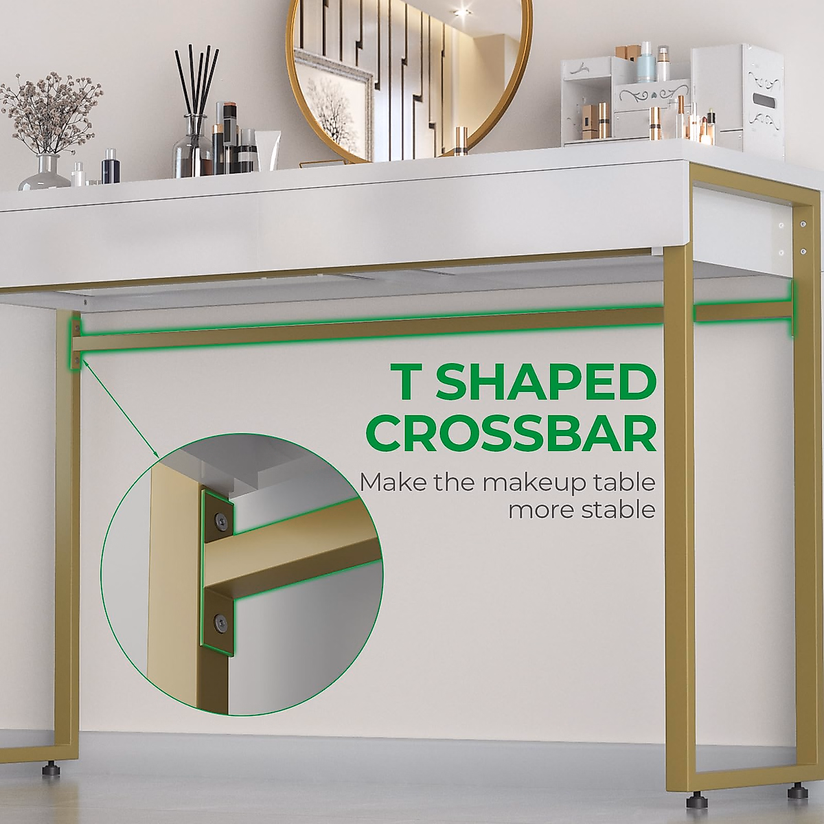 GreenForest Vanity Desk with 2 Drawers,39 inch White Desk with Glossy Desktop Easy Clean,Makeup Dressing Table with Metal Gold Legs for Home Office Small Spaces,Bedroom