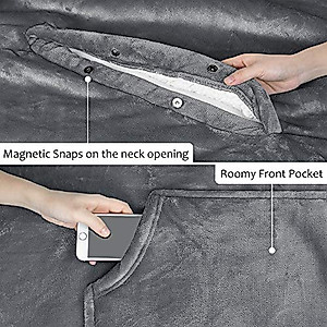 Catalonia Sherpa Wearable Blanket Poncho for Adult Women Men, Wrap Blanket Cape with Pocket, Warm, Soft, Cozy, Snuggly, Comfort Gift, No Sleeves, Grey