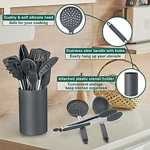Homikit 38 Pieces Kitchen Cooking Utensils Set with Holder, Gray Silicone Utensil with Stainless Steel Handle, Nonstick Kitchen Tools with Spatula Ladle Pizza Cutter Grater Spoon Rest, Heat Resistant