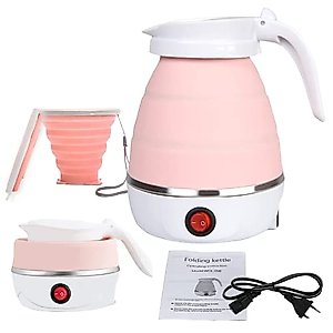 Travel Collapsible Electric Kettle with Collapsible Cup - Portable Foldable Small Electric Kettle with Quick Boiling Water Tech, BPA Free, 110V Voltage, US Plug, 600ML (Pink & Pink)