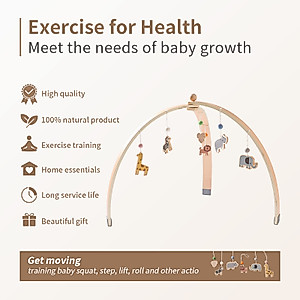 Wooden Baby Gym Foldable Baby Play Gym Frame Activity Center Hanging Bar with Cute Animals Toys for Sensory Exploration and Motor Skill Development, Newborn Gift for Girls Boys（Without Play Mat）