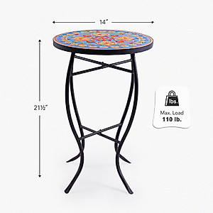 VONLUCE 21" Mosaic Plant Stand, 14 Inch Round Side Table with Ceramic Tile Top, Indoor and Outdoor Accent Table, Outdoor Patio Furniture, End Table for Garden Patio Living Room More, Blue