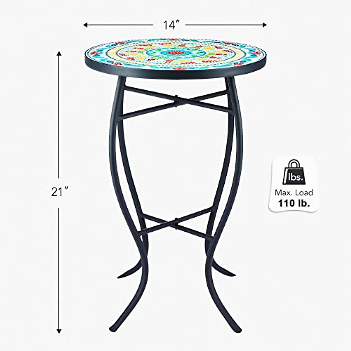 VONLUCE 21" Mosaic Plant Stand, 14 Inch Round Side Table with Ceramic Tile Top, Indoor and Outdoor Accent Table, Outdoor Patio Furniture, End Table for Garden Patio Living Room More, Floral