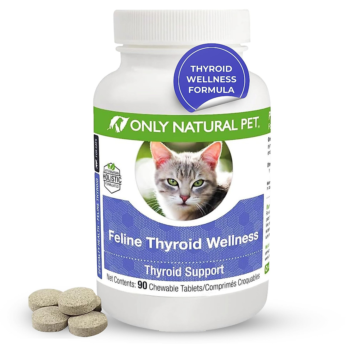 ONLY NATURAL PET Thyroid Support Supplement for Cats - Multivitamin with L-Carnitine & Lemon Balm - Vet Formulated - Helps with Endocrine & Immune Health - Turkey Flavored Chewable - 90 Tablets