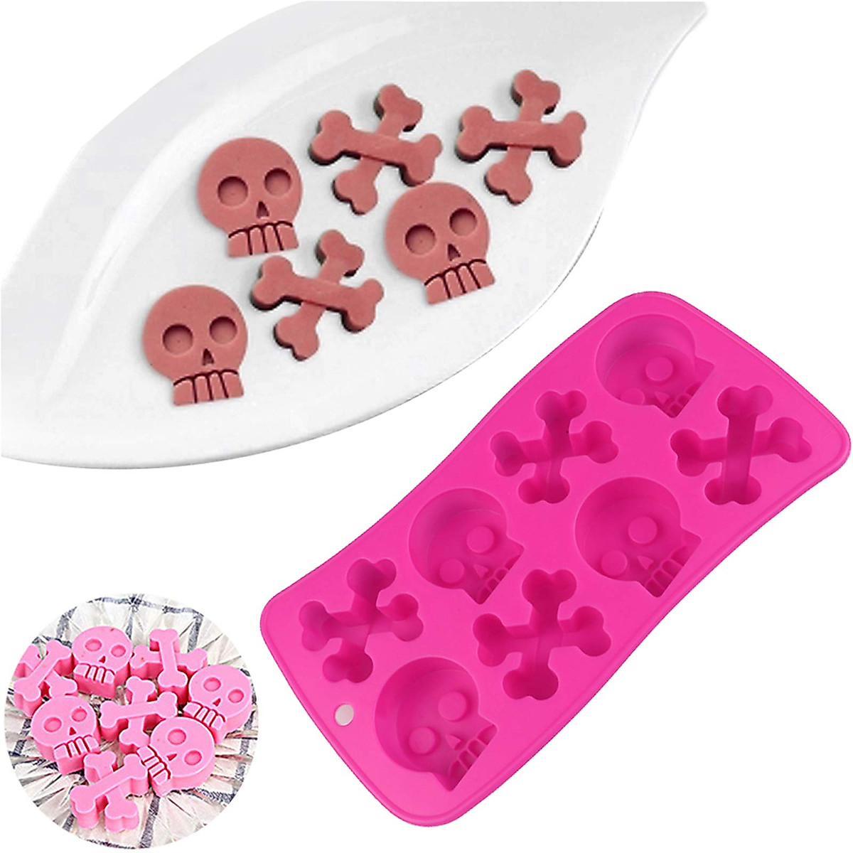 2 Pcs Halloween Silicone Baking Molds,6-Cavity Silicone Bat Pumpkin Face Skull Ghost Jelly Chocolate Mould,8-Cavity Skull Crossbones Ice Cube Trays,Candy Bread Soap Muffin Pumpkin Fondant Mold