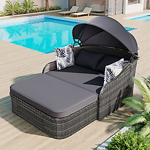 Outdoor Sunbed with Retractable Canopy, Rattan Wicker Patio Daybed with Washable Cushions and Pillows, Chaise Chair Sunbed for Garden Poolside Backyard, Gray Wicker