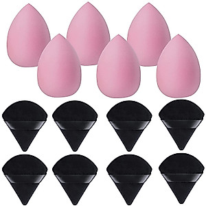WSYUB 14Pcs Powder Puff &Makeup Blending Sponge, Professional Beauty Makeup Set- 6Pcs Pink Makeup Blender Tear-drop Shape, 6Pcs Black Triangle Velvet Powder Puff with 2Pcs Mini Pure Cotton Makeup Pad