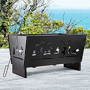 Fire Pit,Wood Fire Pits,Bonfire Pit,Fire Pits for Outside,28 Inch Rectangle Cast Iron Fire Pit for Patio,Backyard with Fire Poker and Metal Grate,Forest Cutout Pattern