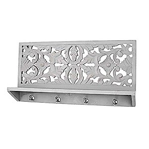 American Art Decor Hand-Carved Wooden Shelf and Coat Rack, Antique Floral Wall Decor – Dove Grey (12”x24”x4.5)