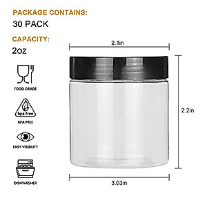 Accguan 30Pack 2oz Plastic Jar Storage Container with Black Lids Airtight Clear Wide-mouth Slime Storage Jars for Cosmetic Cream Light Clay