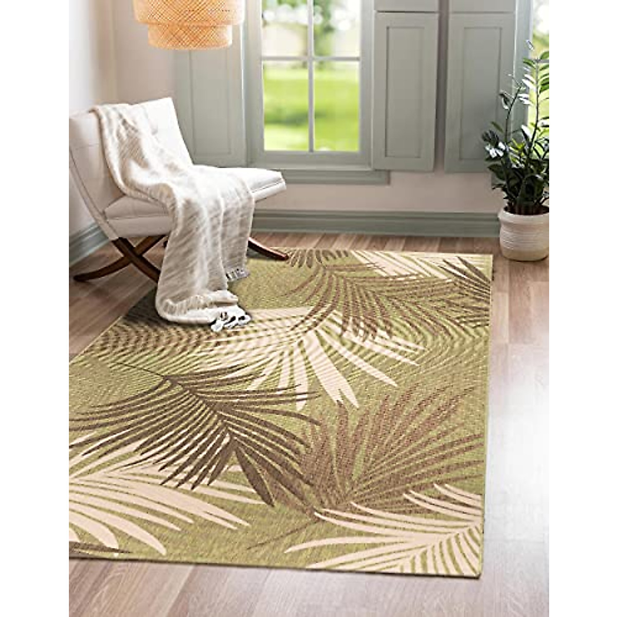 GAD Great American Distributors Yarpeq Premium Tropical Palm Tree Leaves 5x8 Indoor Outdoor Area Rug, Green/Cream, Stain Fade Resistant Rug for Patio, Porch, Lanai, Pool,Kitchen Bedroom