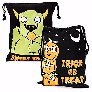 Halloween Trick or Treat Candy Bags | Washable Canvas Tote Bag | Drawstring Bag for Halloween Candy |Cauldron & Haunted House Bags
