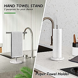 Luxspire Hand Towel Holder with Natural Marble Base, Countertop Paper Towel Stand, Stainless Steel Hand Towel Rack Toilet Paper Roll Holder, Towel Holder for Bathroom Vanity Countertop, T-Shape