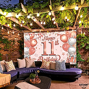 KatchOn, Happy 11th Birthday Backdrop - 72 x 44 Inch | Rose Gold Happy 11th Birthday Banner | 11th Birthday Decorations for Girls, 11th Birthday Party Decorations | 11th Birthday Backdrop for Girls