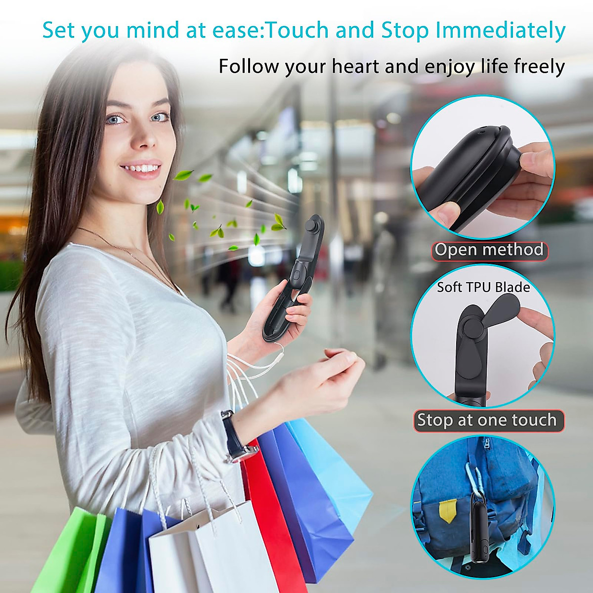 Digibond Mini Fan Handheld Rechargeable Battery Powered 3000mAh 6in1 Bullet Shape Portable Personal Fan 3 Speed Soft Blades Pocket Fan for Travel with Power Bank/Flashlight (Black)