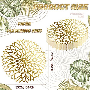 100 Pack Disposable Gold Metallic Round Paper Place Mats 13 Inch Laminated Paper Leaf Dining Table Decoration Pressed Paper Round Table Mates for Dining Table Wedding Home Decoration (Gold Bloom)