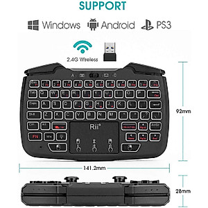 (Backlit Version)Rii RK707 3 in 1 Multifunctional 2.4GHz Wireless Portable Game Controller 62-Key Rechargeable Keyboard Mouse Combo Turbo Vibration Function for PC/Raspberry pi2/Android TV Google/TV B