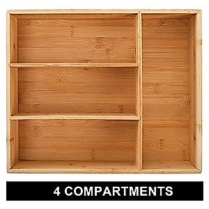 DEAYOU Bamboo Organizer Bin, 100% Bamboo Divided Storage Box, 4-Compartments Cutlery Tray Desktop Holder for Kitchen, Coffee Sugar Tea Bags, Seasoning Spice Packet Pouch, Food, Snack, Shelf, Open Top