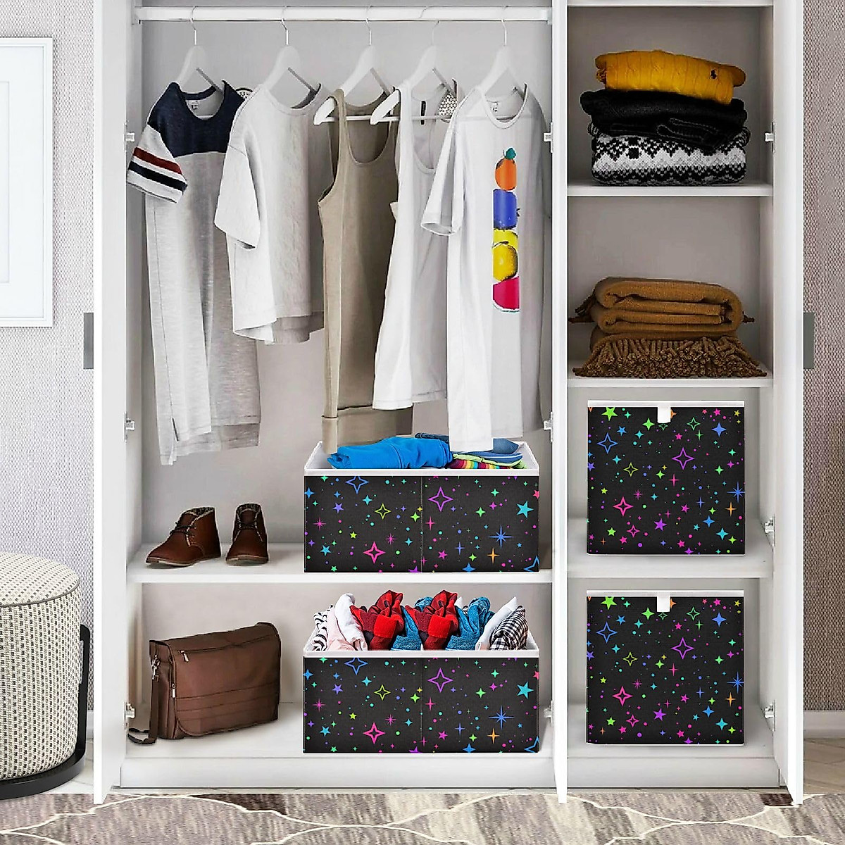 Kigai Fabric Cube Storage Bins Foldable Storage Box Waterproof Storage Cubes Organizer with Handles Storage Basket for Shelves, Home, Office, Nursery, 11"x11"x11", Star