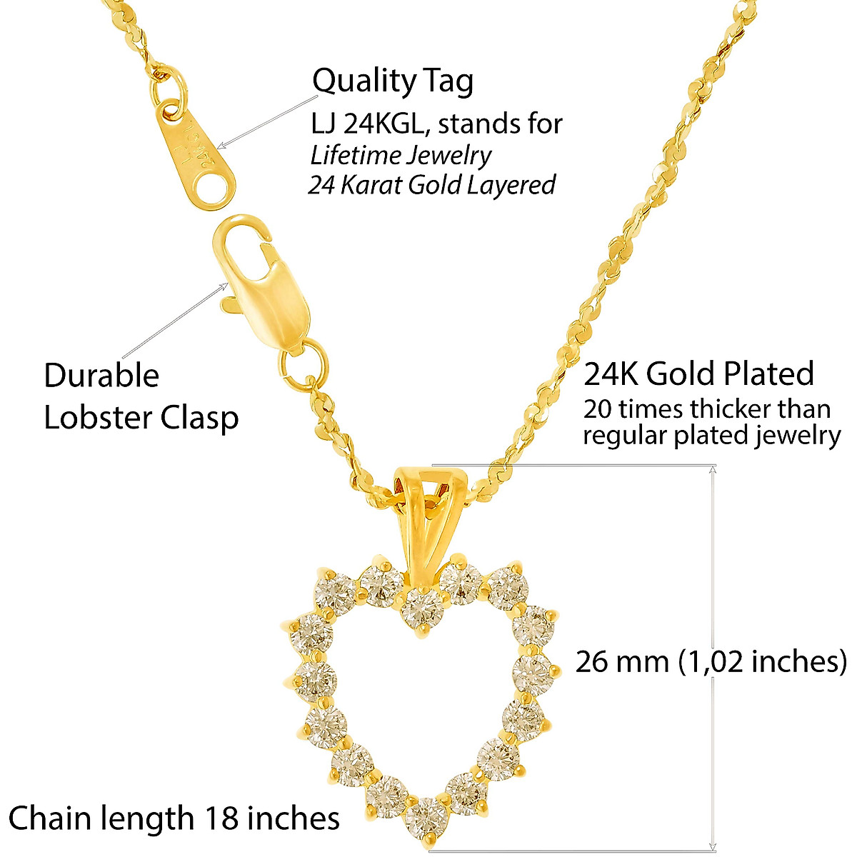 LIFETIME JEWELRY Cubic Zirconia Open Heart Pendant Necklace 24k Real Gold Plated