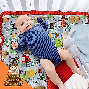 Dear Baby Gear Farm Deluxe Baby Blanket - Reversible, Milestone & Newborn Gifts for Girls and Boys - Farm Life Animals, Tractor, Red, 32 Inches by 32 Inches