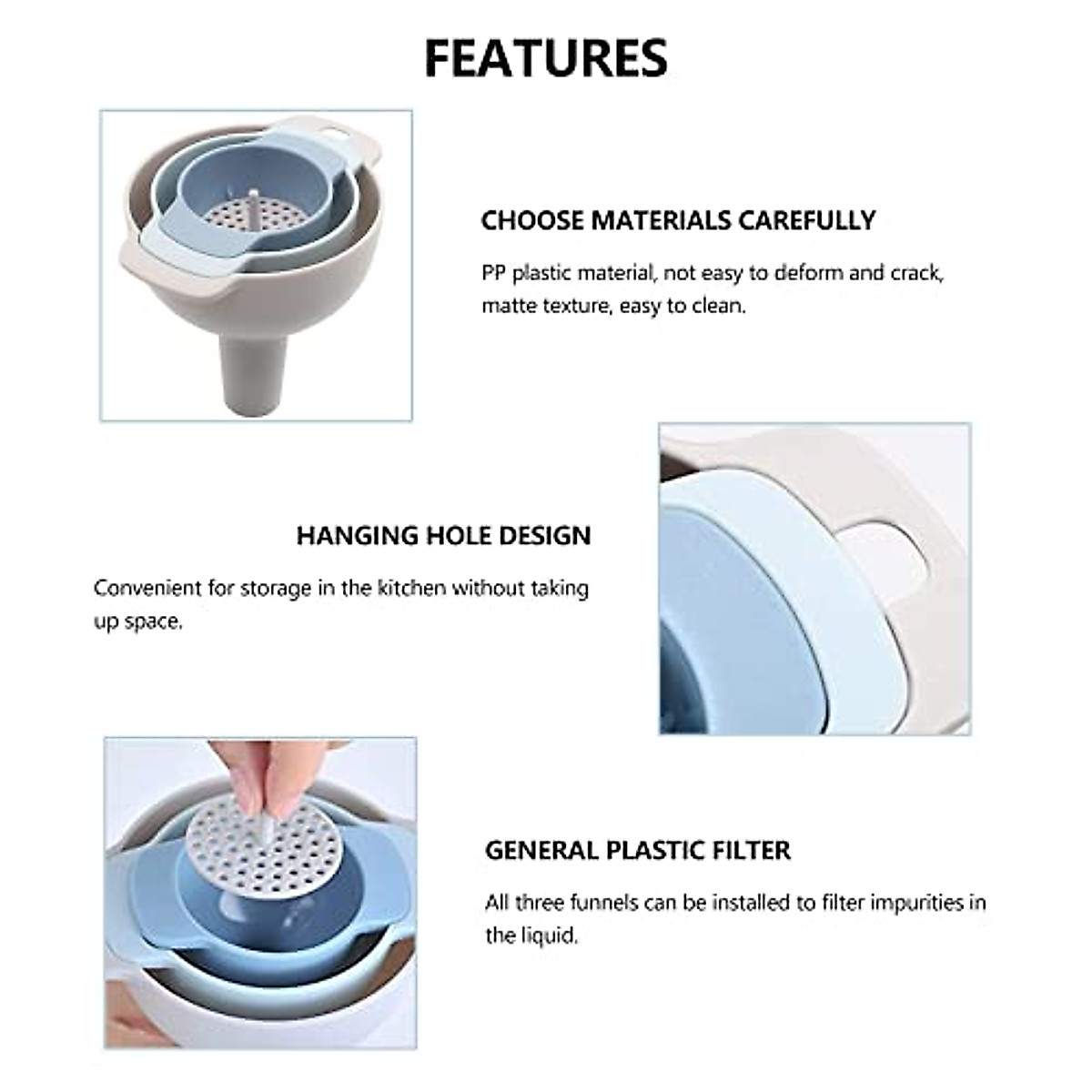 NileHome Funnels for Kitchen Use Removable Kitchen Funnels Set of 3 Food Grade PP Plastic Funnels Wide Mouth Oil Funnels with Strainer Filter for Filling Bottles, Liquid, Powder, Solid Particles