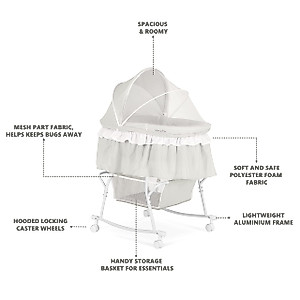 Dream On Me Lacy Portable 2-in-1 Bassinet & Cradle in Light Grey, Lightweight Baby Bassinet with Storage Basket, Adjustable and Removable Canopy