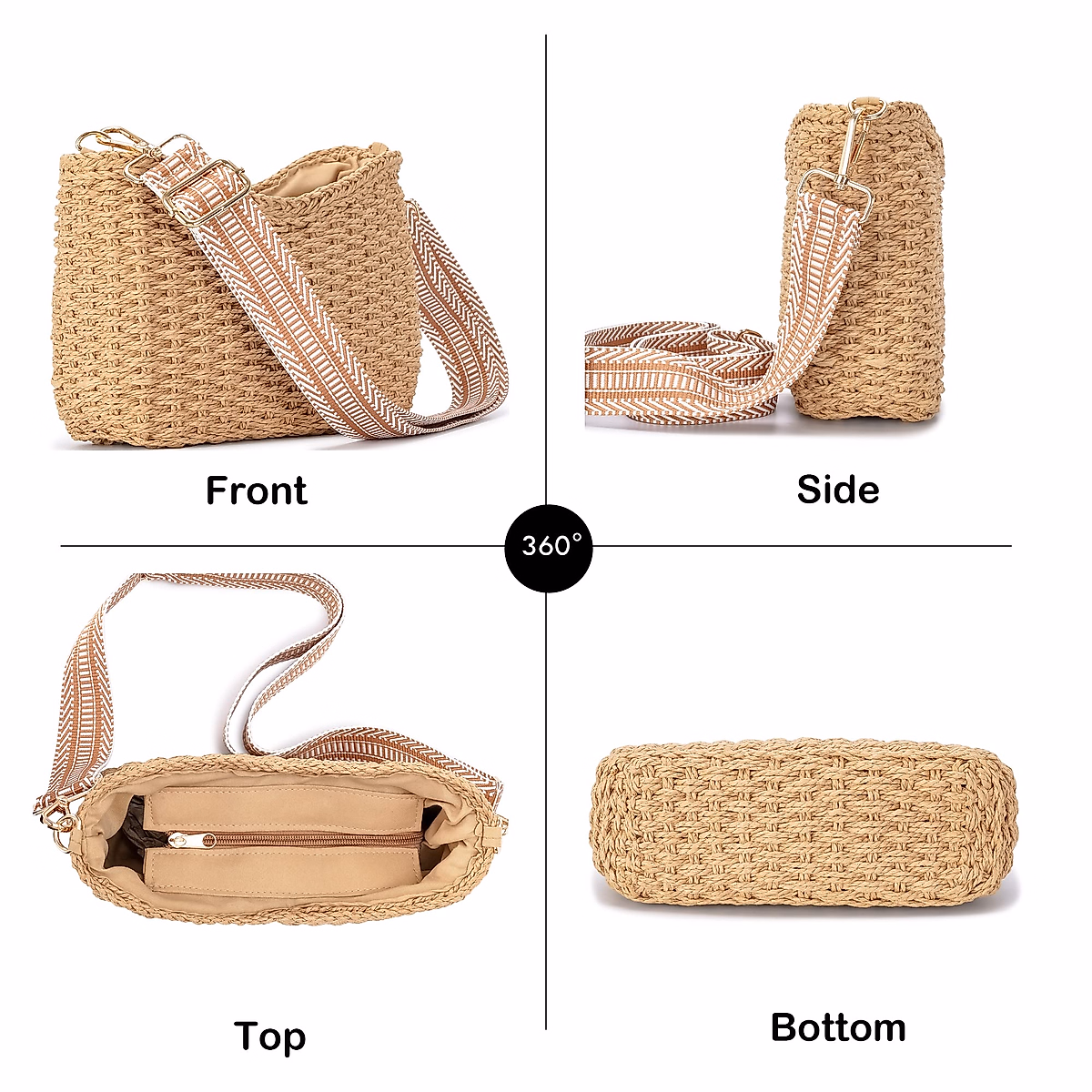 Herald Small Handmade Straw Crossbody Bag for Women, Summer Chic Woven Handbag Shoulder Purse with Chain & Guitar Strap (Coffee)