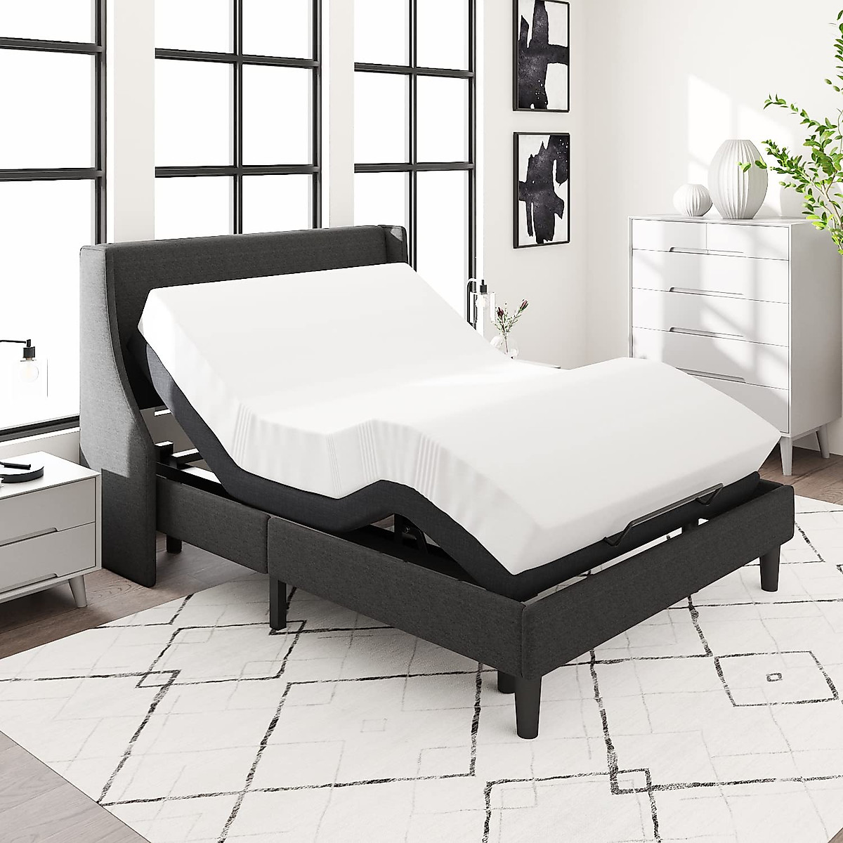 Allewie Queen Adjustable Bed Frame with New Generation Motor, Wireless Remote, Head and Foot Incline, Intelligent Sleep Aid, Zero-Gravity, High Weight Capacity, Easy Self-Assembly, Upholstered