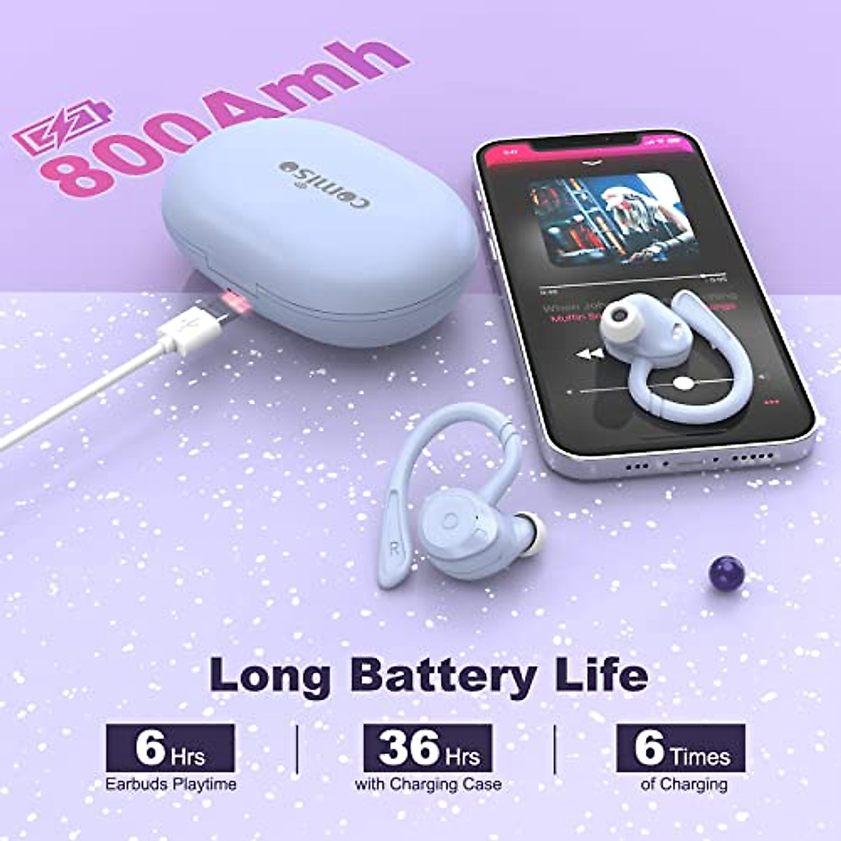 comiso Wireless Earbuds Bluetooth Headphones, True Wireless in Ear Bluetooth 5.1 Earbuds with Microphone, Deep Bass, IPX7 Waterproof Loud Voice Earphones for Sport Outdoor Running Gym Workout(Purple)