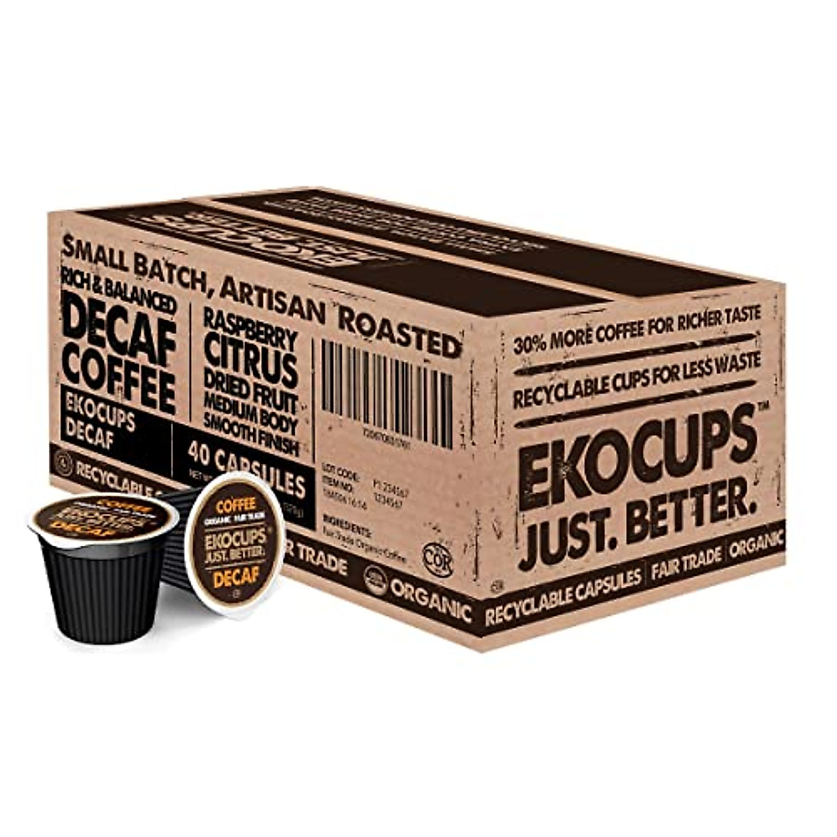 EKOCUPS Organic Swiss Water Decaf Medium Roast Coffee Pods, 30% More Coffee Per Cup, Fair Trade Decaffeinated Coffee for Keurig K Cup Machines, Recyclable Pods, 40 Count