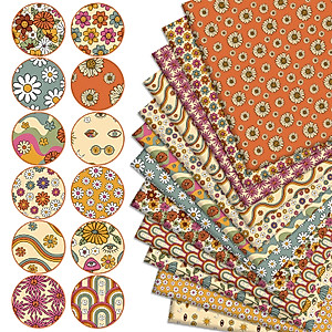 Whaline 12Pcs Retro Floral Cotton Fabric Bundles Rose Pink Boho Flower Rainbow Fat Quarters Groovy Hippie Quilting Patchwork for DIY Handmade Crafting, 18 x 22 Inch