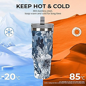 Aqua Blue Floral Pattern Tumbler 30oz Large Capacity Car Cup with Handle Fit in Any Car Cup Holder Stainless Steel Leakproof Insulated Coffee Tumblers with Lid And Straw