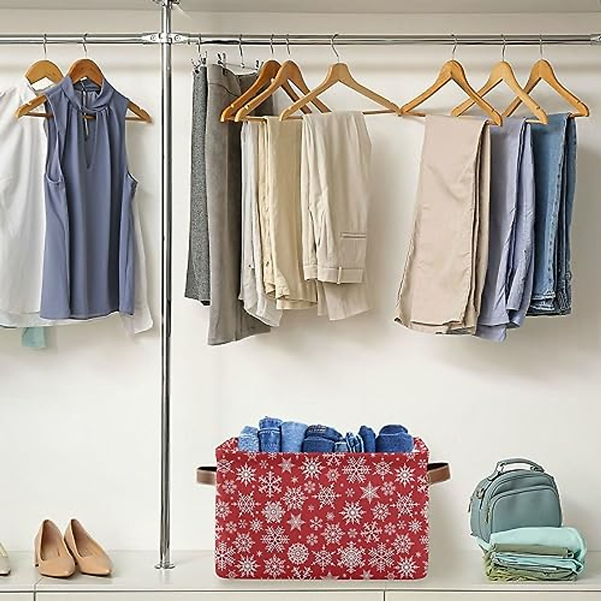 Bolaz Foldable Storage Basket, Cube Organizer Bins Christmas Pattern with White Snowflakes on Red Background Bag Dual Handles for Closet Shelf Christmas 3 one size x1 (g287633336p505c540s1092)