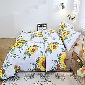 ZRNBAST 3 Pcs Sunflower Comforter Set Queen Size Butterfly Sunflower Floral on White Background, Comforter Bedding Sets Queen Size All Season Bed in A Bag with 1 Comforter 2 Pillowcases