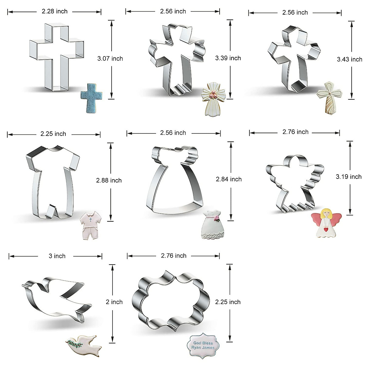 Religious Baptism Cookie Cutter Set of 8 - Holy Cross Angel Pigeon/Dove Baptism Dress Outfits Romper Plaque Frame Shapes First Communion Christening Cookie Cutters Biscuit Molds - Stainless Steel