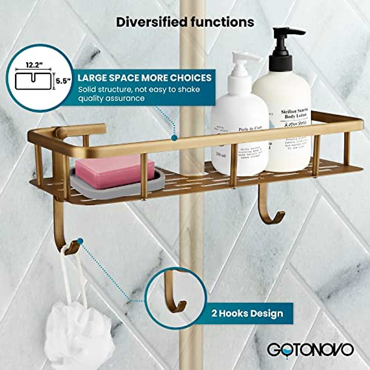 gotonovo Bathroom Shower Shelf Wall Mount Solid Brass Essential Shower Rack Single Pack One Layer Antique Brass Bathroom Shower Rack Basket Arm Mount Shower Storage