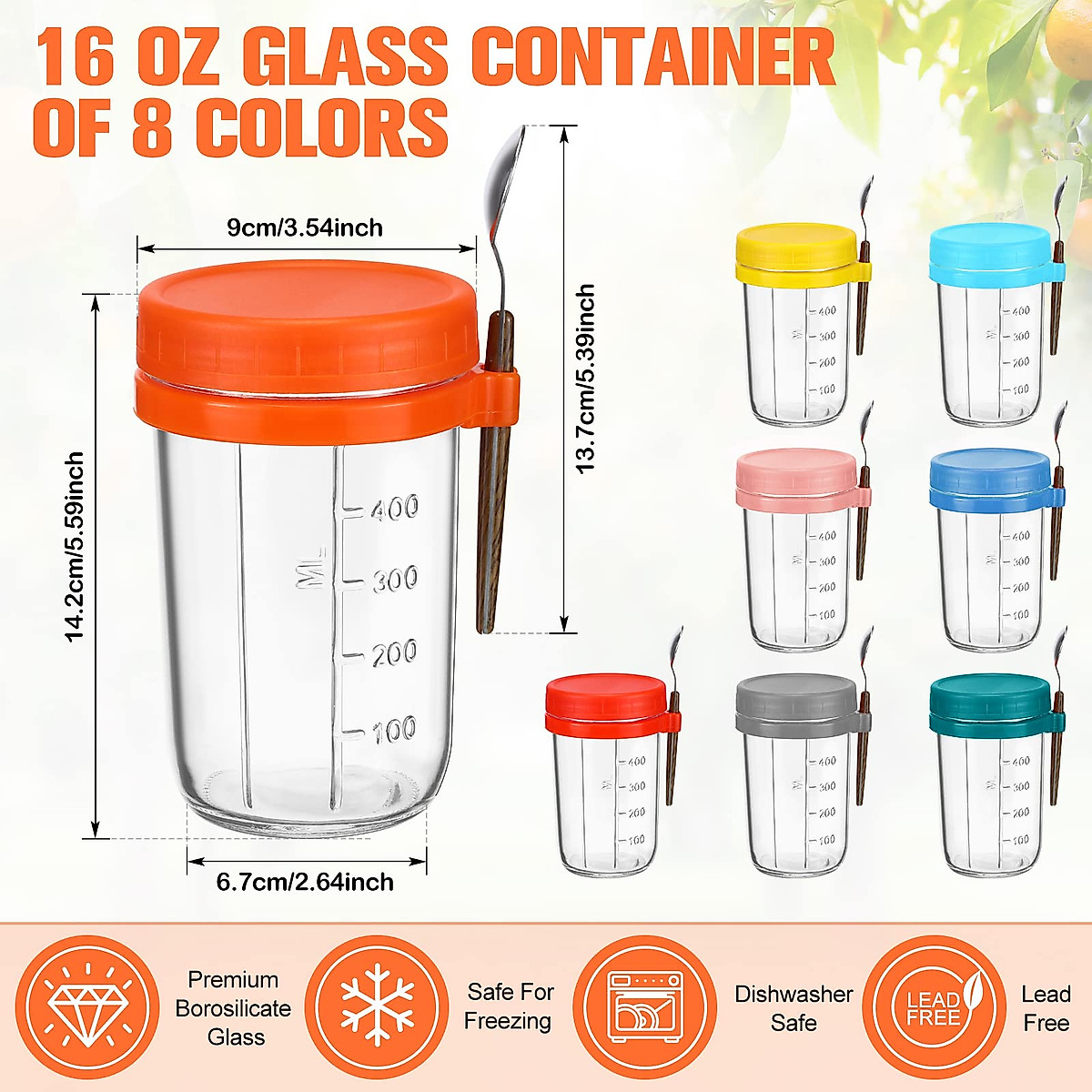 Didaey 8 Pcs Overnight Oats Containers with Lids and Spoon 16 oz Large Capacity Airtight Overnight Oats Jars Glass Jar with Lid Mason Jars with Measurement Marks for Cereal Milk Fruit Yogurt