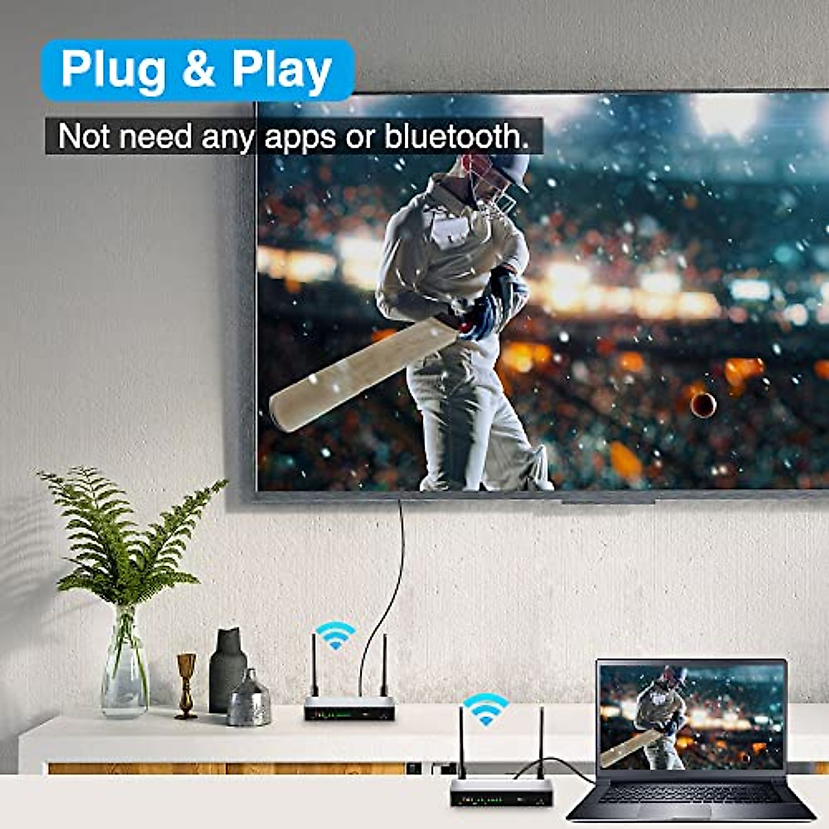 HDMI Wireless Transmitter and Receiver - Support Multiple RX(1x8)，AIMIBO 5.8G Wireless HDMI KVM Extender(656Ft/200M) with HDMI Loop-Out & IR Control for Streaming Video to HDTV/Projector/Monitor