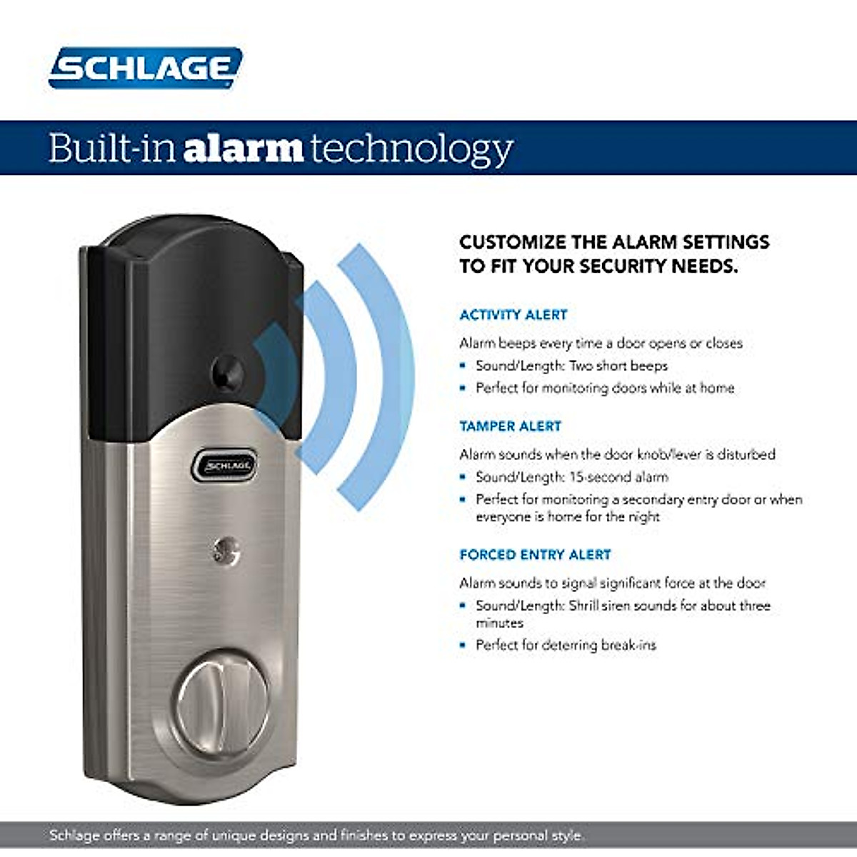SCHLAGE BE469ZP CAM 619 Connect Smart Deadbolt with alarm with Camelot Trim in Satin Nickel, Z-Wave Plus enabled