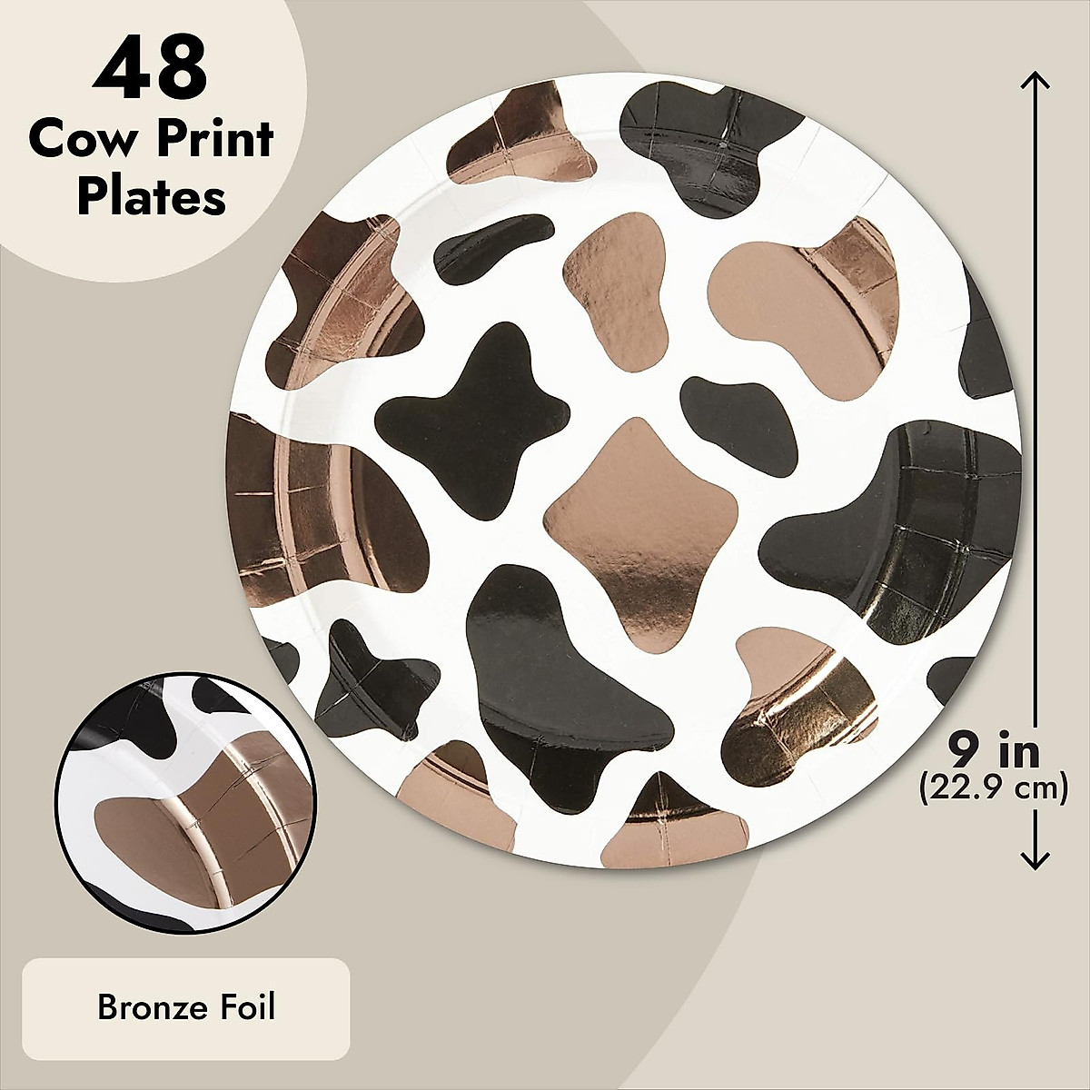 BLUE PANDA 48 Pack Cow Print Paper Plates for Barnyard Birthday Party Supplies, Farm Animal Baby Shower (Brown Foil Print, 9 Inches)