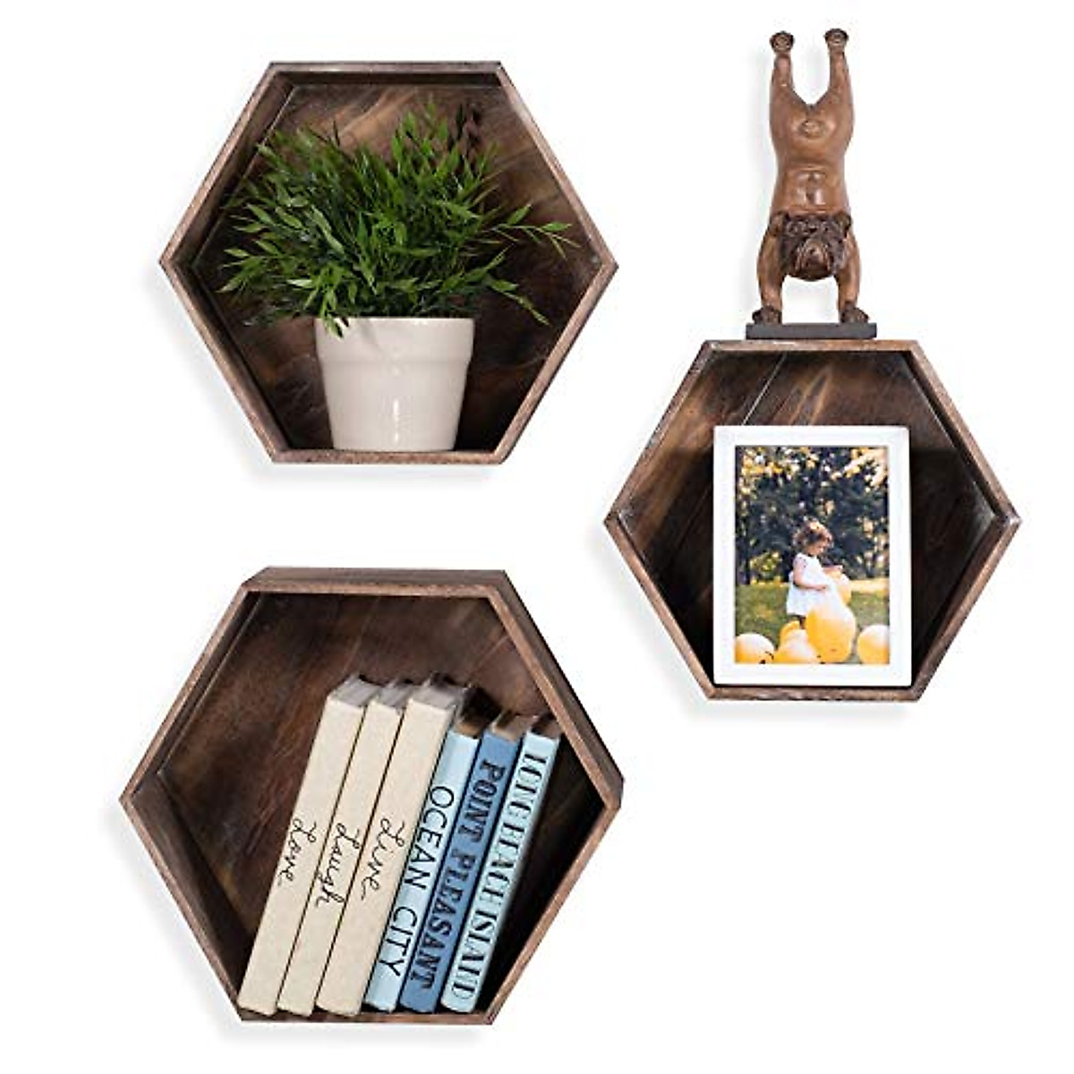 Rustic State Brooks Wall Mount Hexagon Honeycomb Box Geometric Floating Shelf Display Hanging Bookshelf Decorative Picture Ledge with Wood Back - Distressed Walnut - Multi Sizes - Set of 3