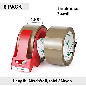 BOMEI PACK Brown Packing Tape with Dispenser, 2.4 Mil 1.88 Inch x 60 Yards, 6 Refills Rolls Packaging Tape for Moving, Shipping and Storage