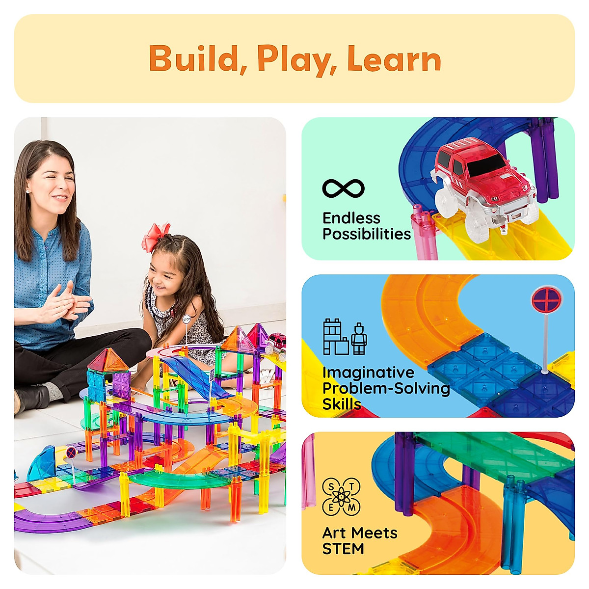 PicassoTiles 50 Piece Race Car Track Building Block Educational Toy Set Magnetic Tiles Magnet DIY Playset 2 Light Up STEM Learning Construction Kit Hand-Eye Coordination Fine Motor Skill Training