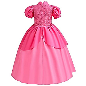 MOAGIS Kids Girl Princess Peach Costume Pink Dress Halloween Dress up Outfits with Crown Gloves Costumes for Girls, 4-5Y