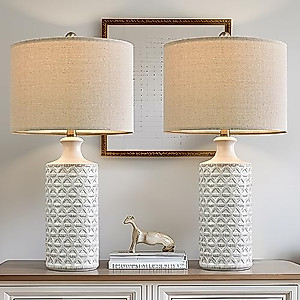PoKat 24.75" Modern Contemporary Ceramic End Table Lamps Set of 2 for Living/Study Room Desk Décor,Bedside,Nightstand Lamps for Bedroom Office Farmhouse,White