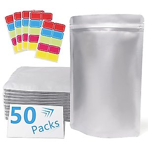 50 Pack 8.6 Mil 6''x9'' Mylar Bags for Long-term Food Storage with 50 Labers, Resealable Smell Proof Heat Sealable Bags for edible packaging, Strong Sealing Stand-up Foil Pouch Bags for Tea Dry Food