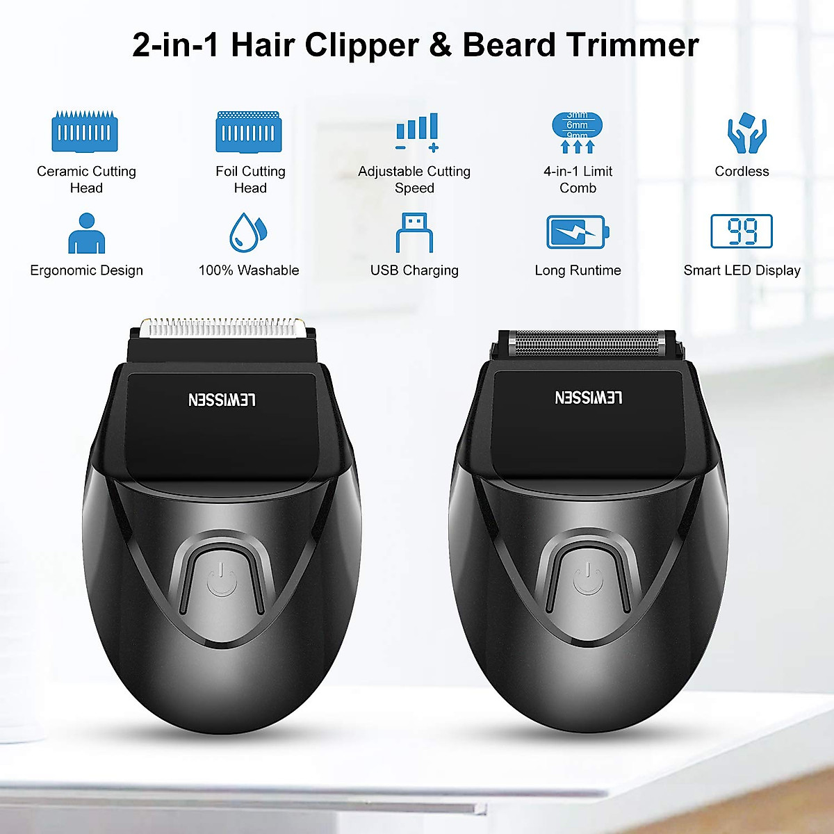 Lewissen Self-Haircut Shortcut Kit for Men, Cordless Hair Clippers, Electric Beard Trimmer Clippers for Hair Cutting, Waterproof Shaving Machine, Off to Campus Essential