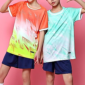 Fldy Kids Youth Soccer Sport Training Uniform 2 Piece Athletic Suit Football Jersey Short Sleeve T-shirt with Shorts Kit Orange&Yellow 7-8 Years